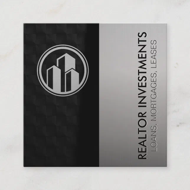 Real Estate Agent | Metallic | Sleek Black Square Business Card | Zazzle