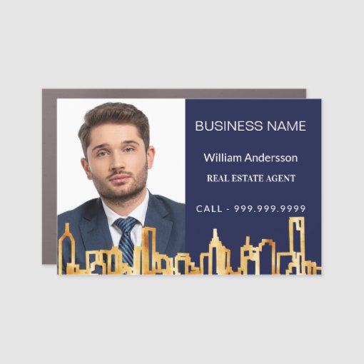 Real estate agent navy blue gold photo city car magnet | Zazzle