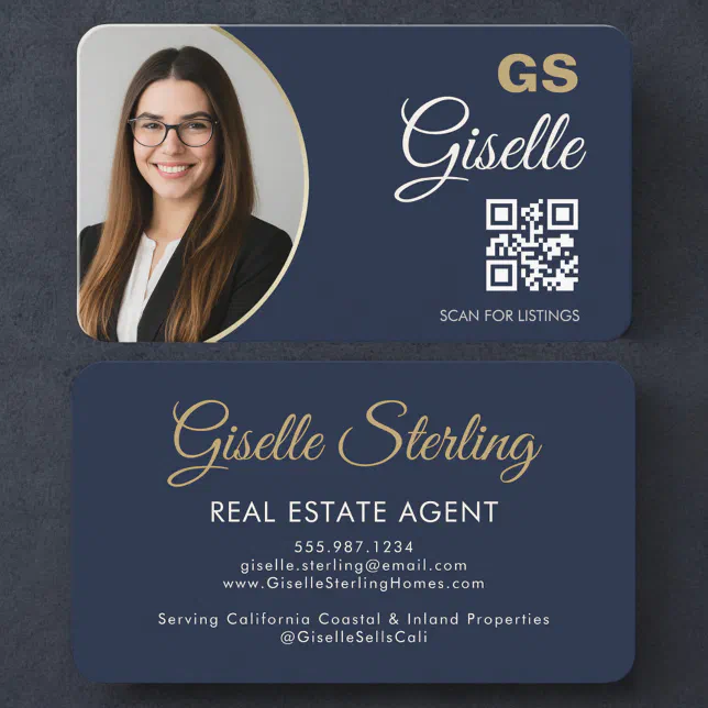 Real Estate Agent Navy Blue Photo QR Code Business Card | Zazzle