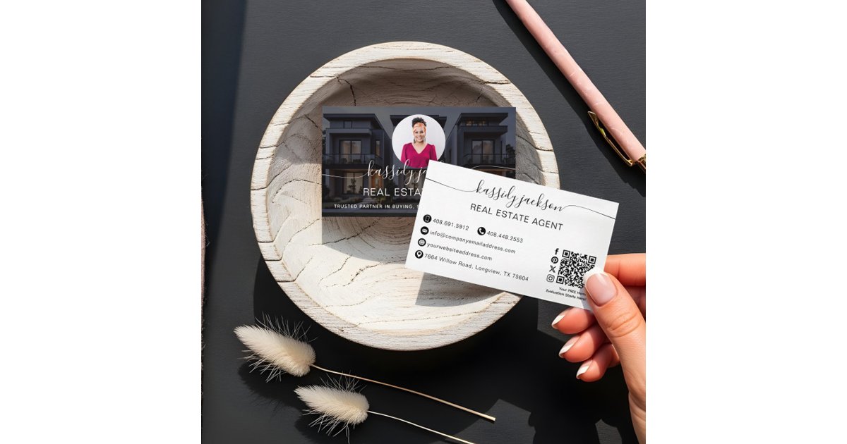 Real Estate Agent Photo QR Code Script Luxury Business Card | Zazzle