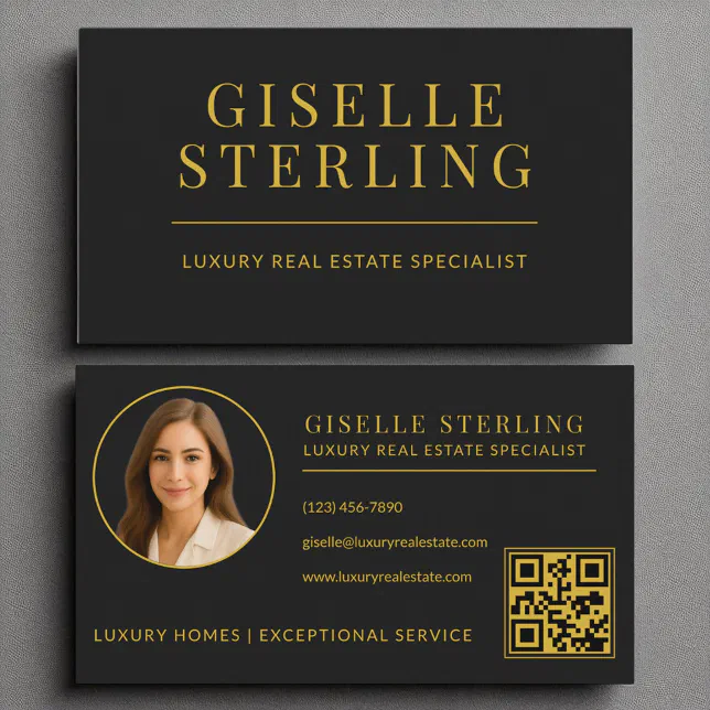 Real Estate Agent QR Code Black Gold Business Card | Zazzle