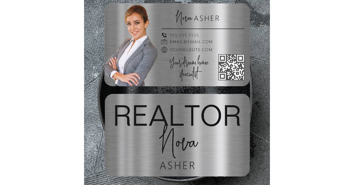 Real Estate Agent Realtor Photo QR Code Faux Metal Business Card | Zazzle
