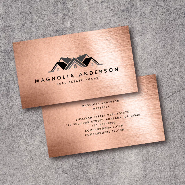 Real Estate Agent Rose Gold Brushed Metal Business Card | Zazzle