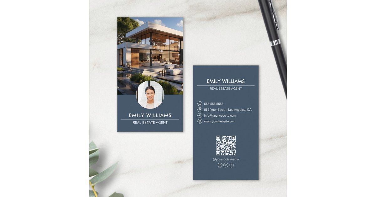 Real Estate Blue Photo QR Code Social Media Business Card | Zazzle