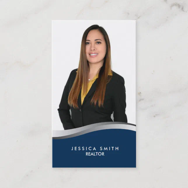 Real Estate Blue w/silver swoosh business card | Zazzle