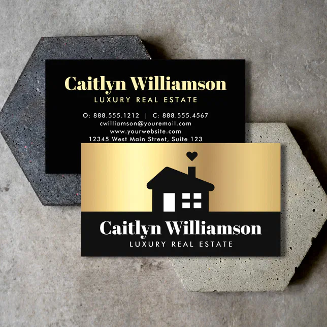 Real Estate Broker Agent Modern Black Gold House Business Card | Zazzle