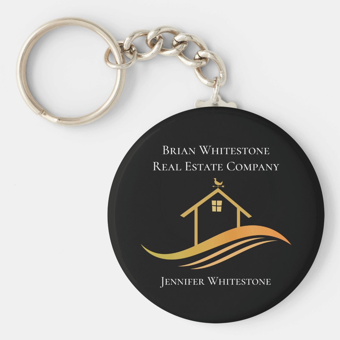 Real Estate Chic Black Gold House Custom Realtor Keychain | Zazzle