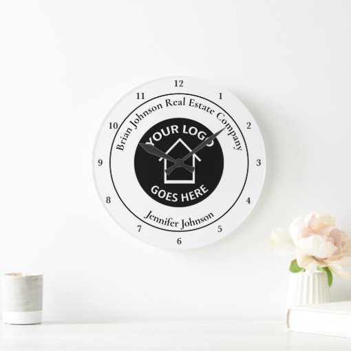 Real Estate Company Add Your Logo Custom Office Large Clock | Zazzle