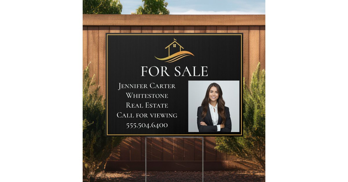 Real Estate Company Agent Photo Black Gold Yard Sign | Zazzle