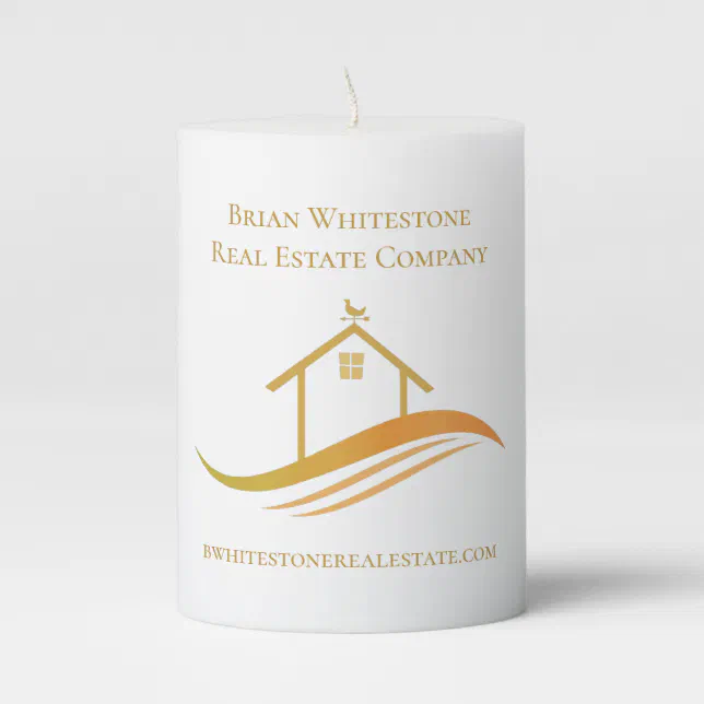Real Estate Company Gold Logo Personalized Realtor Pillar Candle | Zazzle