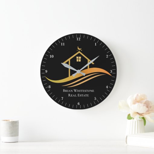 Real Estate Company Modern Chic Gold Black Office Large Clock | Zazzle