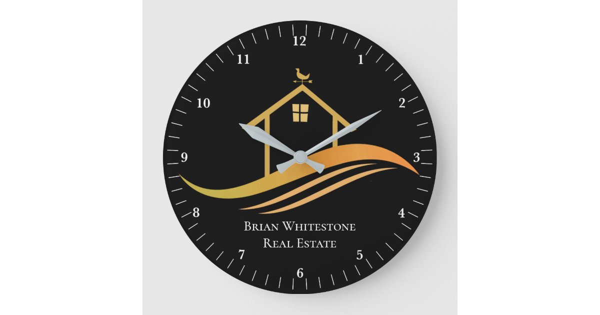 Real Estate Company Modern Chic Gold Black Office Large Clock | Zazzle