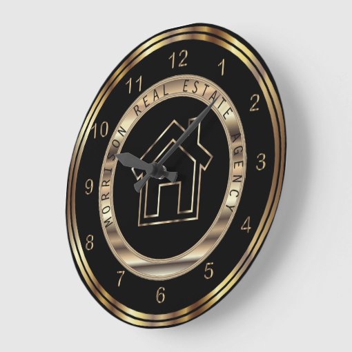 Real Estate Design in Gold and Black Large Clock | Zazzle