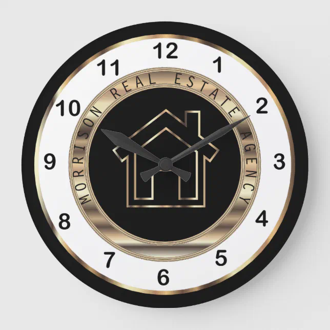 Real Estate Design in Gold, White and Black Large Clock | Zazzle