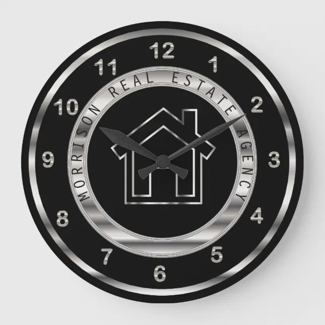 Real Estate Design in Silver and Black Large Clock | Zazzle