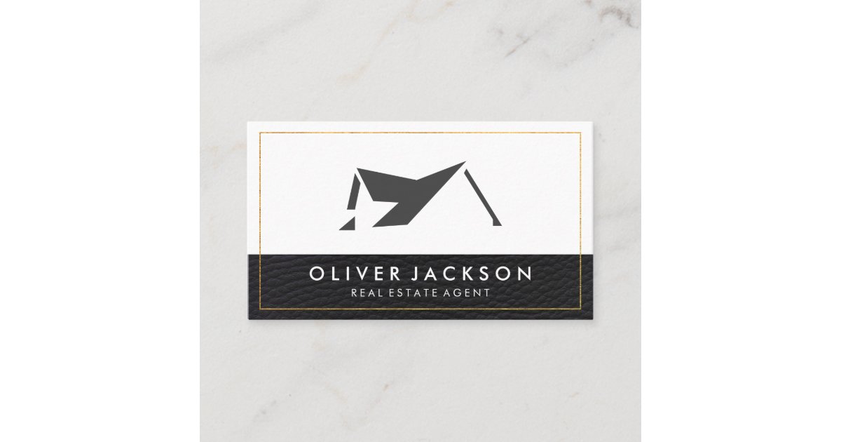 Real Estate Home Icon | Leather Trim Gold Border Business Card | Zazzle