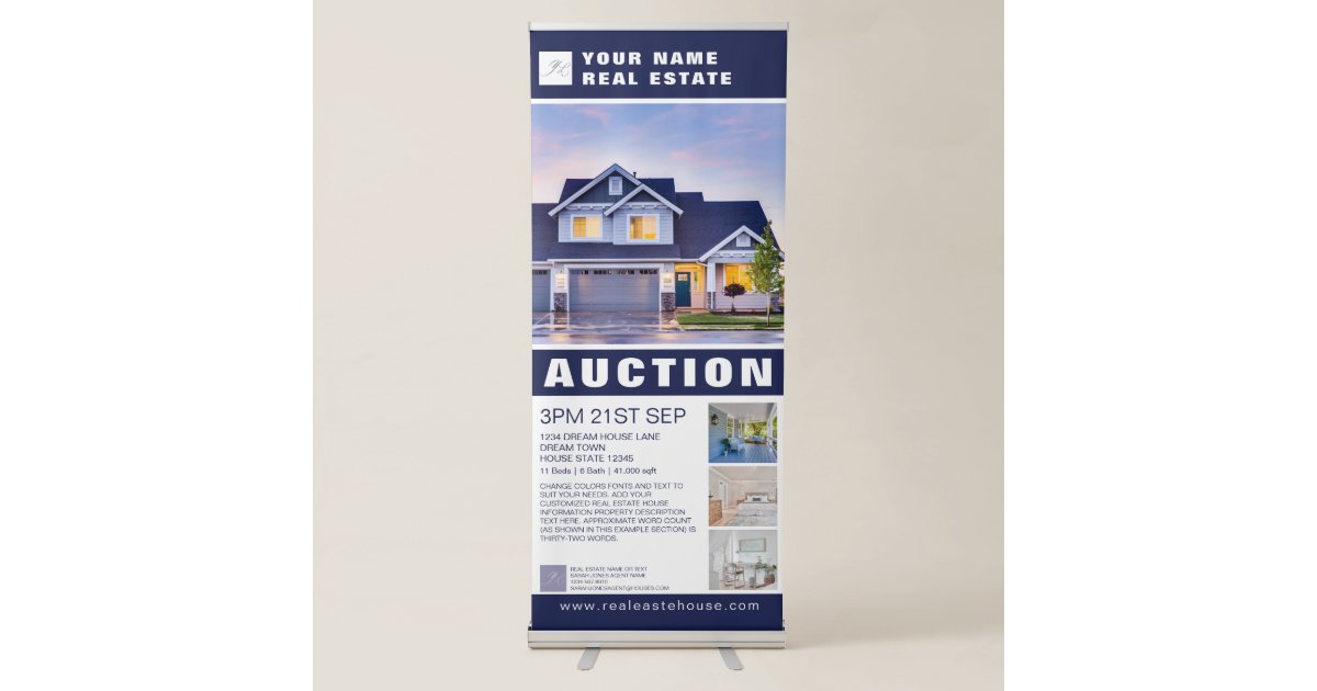Real Estate House for Sale Auction Retractable Banner | Zazzle