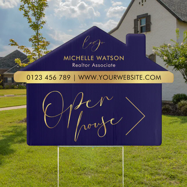 Real Estate Logo Open House For Sale Navy & Gold Sign | Zazzle