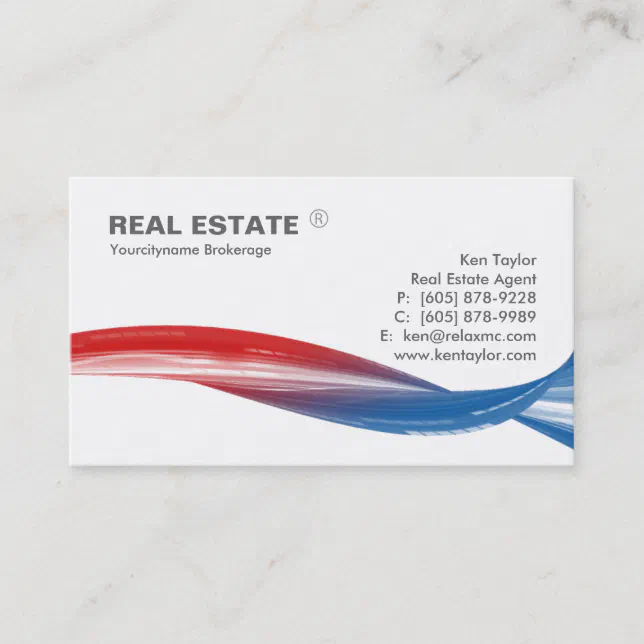 Real Estate Logo Red Blue Swoosh Modern White Business Card | Zazzle