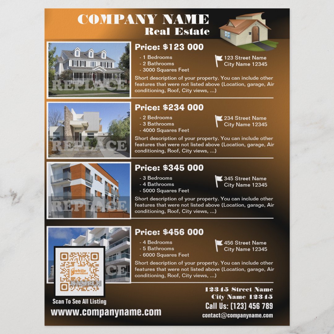 Real Estate – Modern QR code flyer – Brown (QR455) | Zazzle