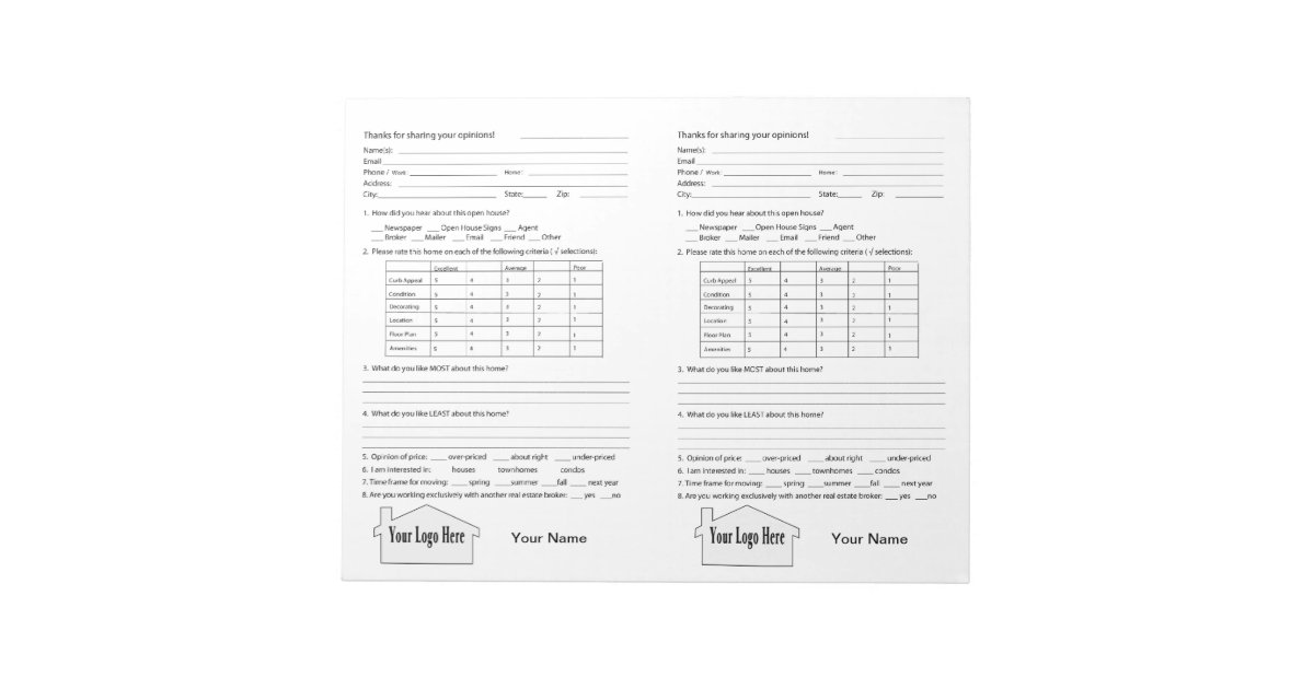 Real Estate Open House Feedback Notepad | Zazzle