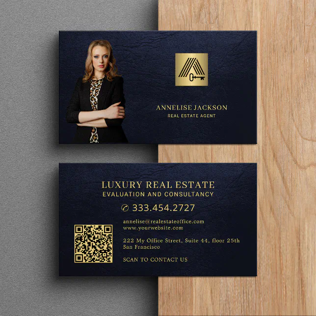 Real estate QR code house logo photo navy gold Business Card | Zazzle