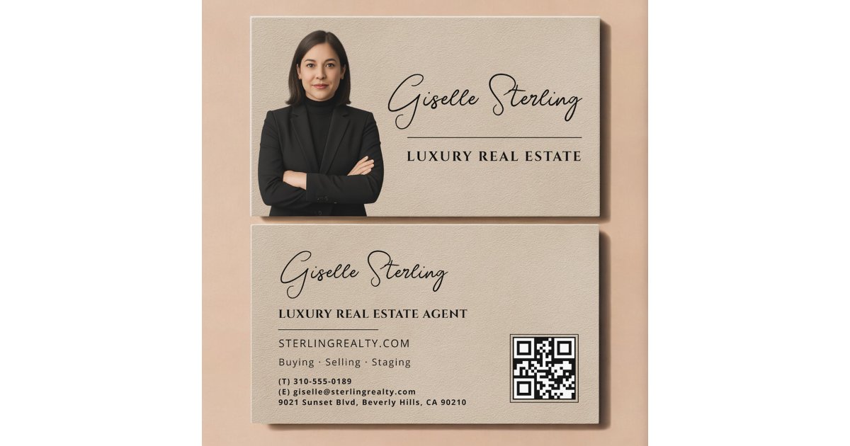 Real Estate QR Code Photo Beige Suede Business Card | Zazzle