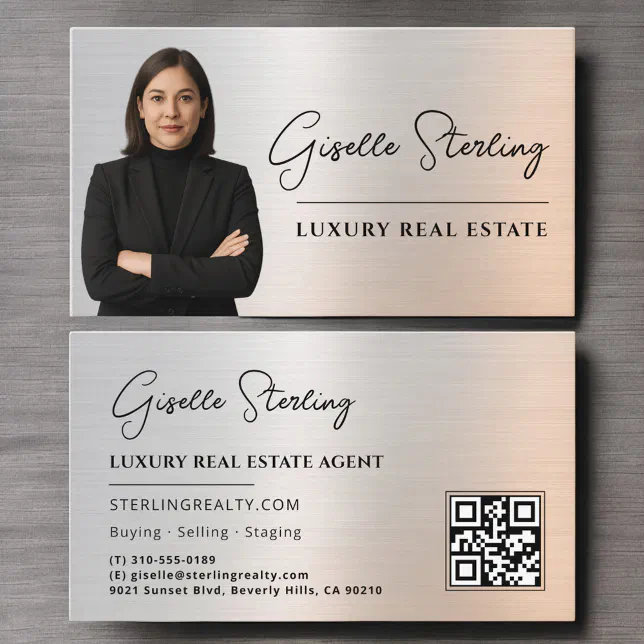 Real Estate QR Code Photo Platinum Metallic Business Card | Zazzle