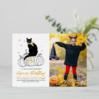 Real Gold Foil Black Cat Halloween Photo Birthday Foil Invitation | Zazzle