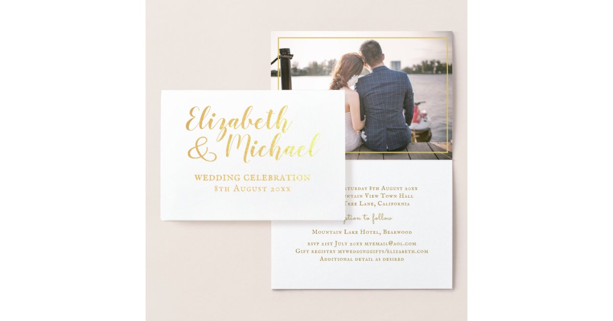 REAL GOLD FOIL classic white PHOTO Wedding Invites | Zazzle