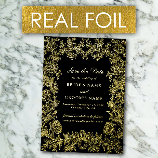 Real Gold Foil Floral Wedding Save the Date Cards | Zazzle