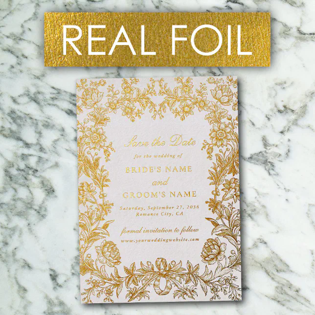 Real Gold Foil Floral Wedding Save the Date Cards | Zazzle