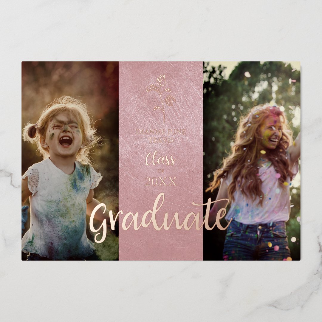 Real Rose Gold Then & Now Graduation Photo Foil Invitation | Zazzle