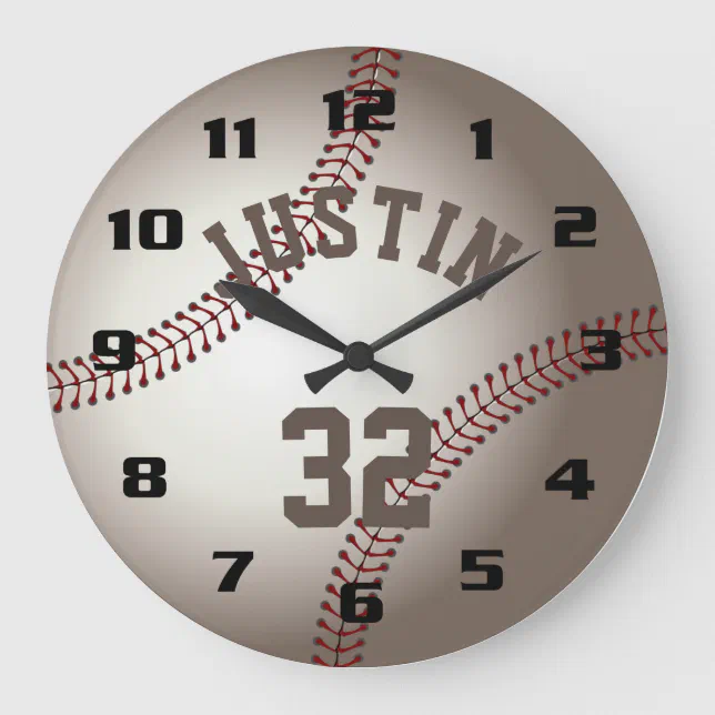 Realistic Baseball add you own Name and Number Large Clock | Zazzle