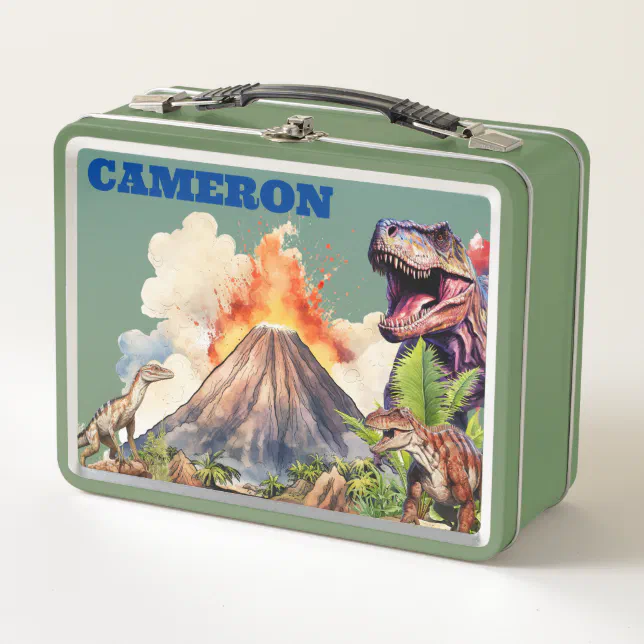 Realistic Dinosaurs and Volcano Custom Name Metal Lunch Box | Zazzle