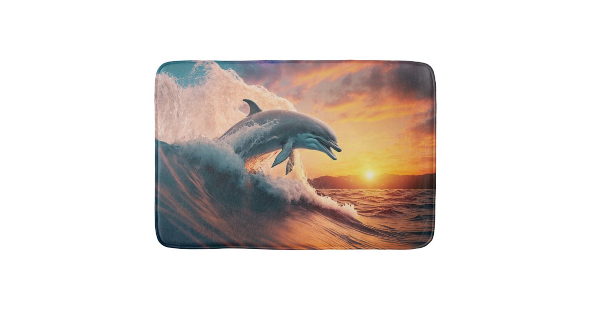 Realistic Dolphin Jumping Ocean Sunset Kids Adult Bath Mat | Zazzle