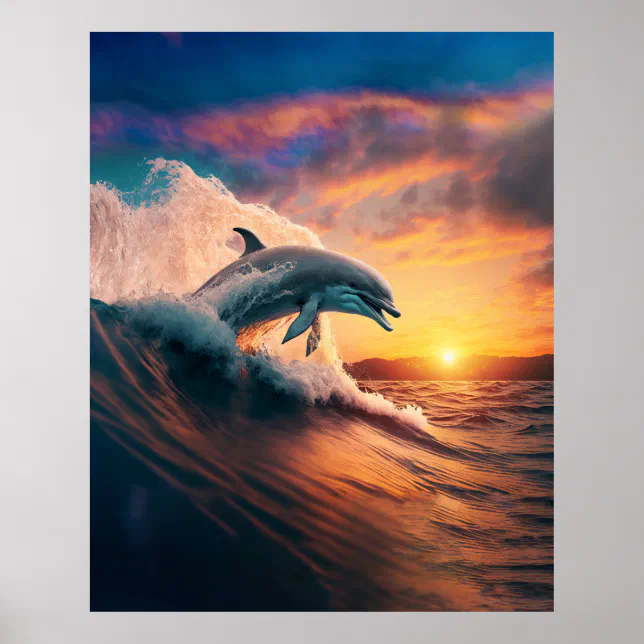 Realistic Dolphin Jumping Ocean Sunset Kids Adult Poster | Zazzle