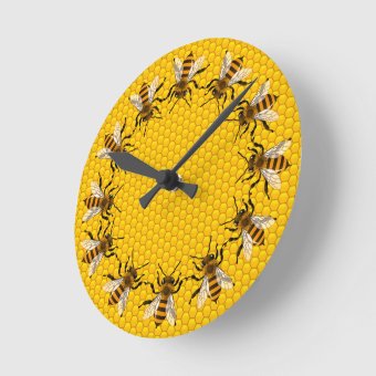 Realistic Honey Bees on Honeycomb Time Round Clock | Zazzle