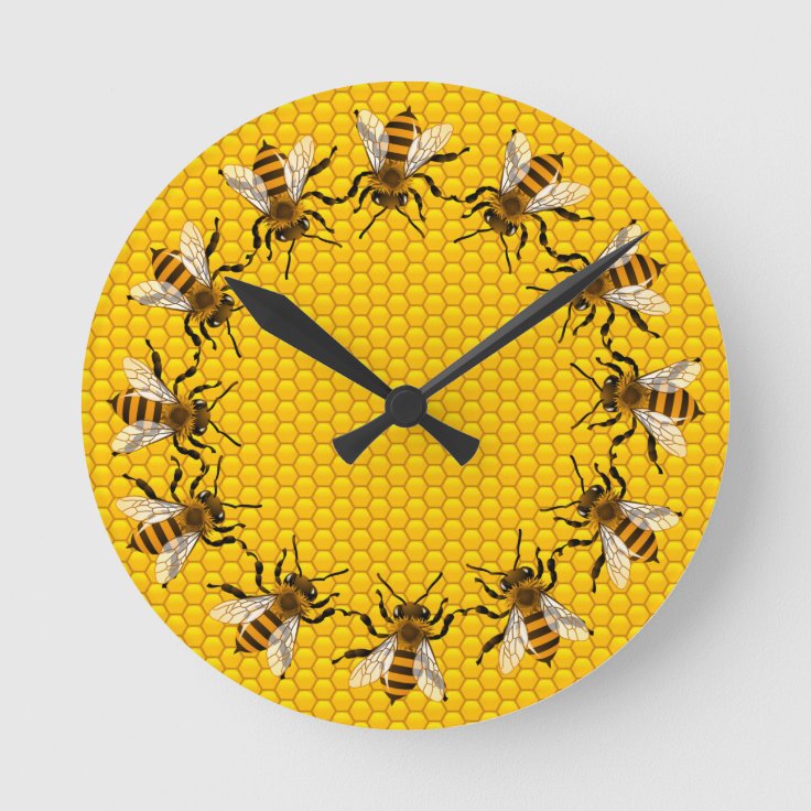Realistic Honey Bees on Honeycomb Time Round Clock | Zazzle