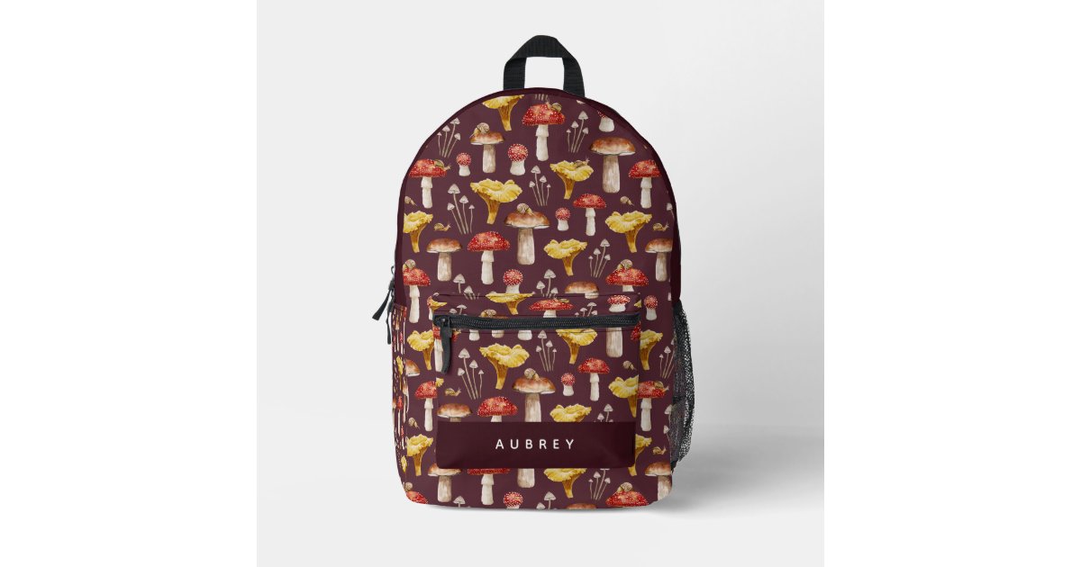 Realistic Mushroom & Snail Pattern Burgundy Printed Backpack | Zazzle