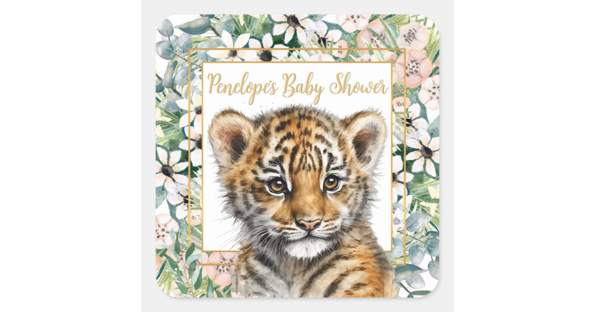 Realistic Tiger Cub Gender Neutral Baby Shower Square Sticker | Zazzle