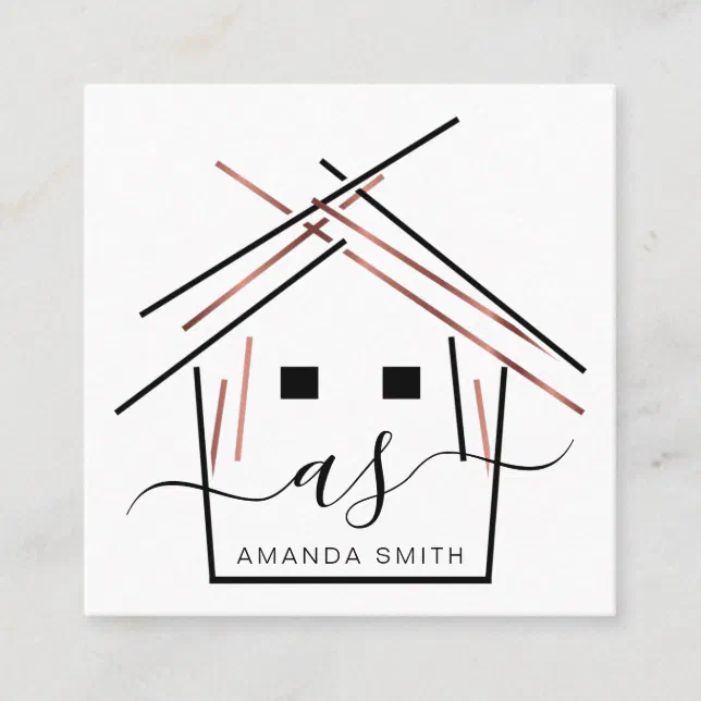 Realtor branding with house in rose gold square business card | Zazzle