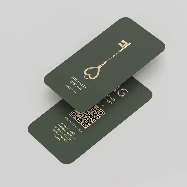 Realtor Dark Green Gold Key Monogram Modern Business Card | Zazzle