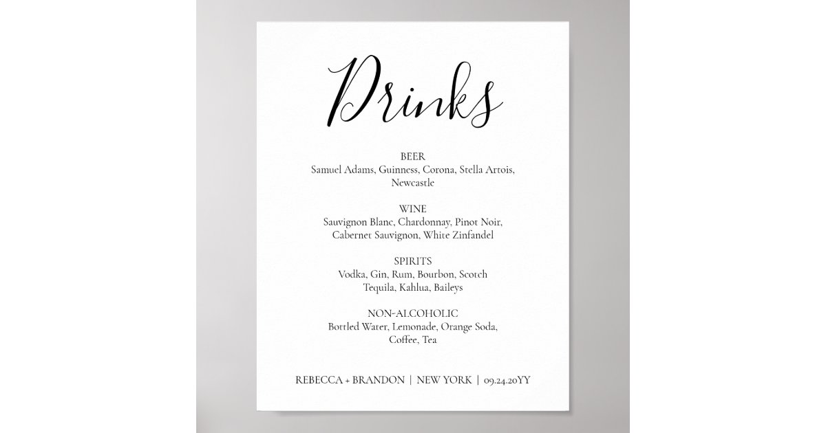 Rebecca Simple Calligraphy Drinks Wedding Sign | Zazzle