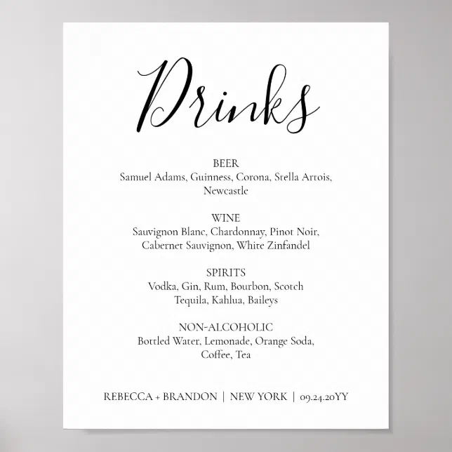 Rebecca Simple Calligraphy Drinks Wedding Sign | Zazzle