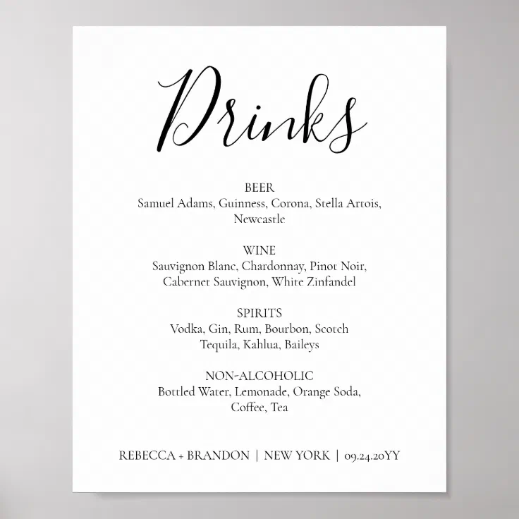 Rebecca Simple Calligraphy Drinks Wedding Sign | Zazzle