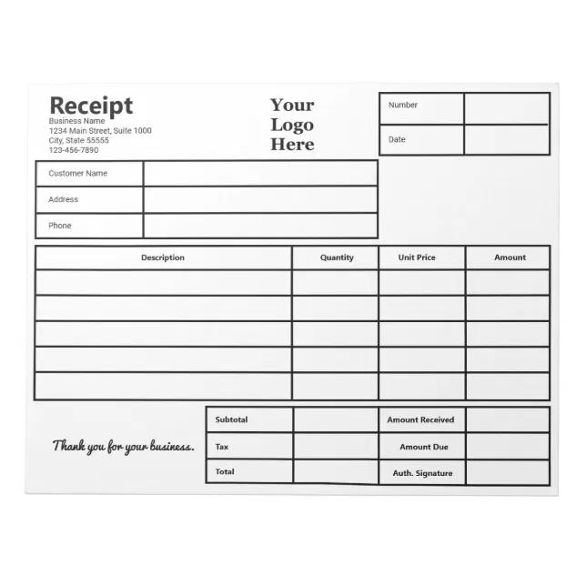 Receipt Black and White Business Logo Template Notepad | Zazzle