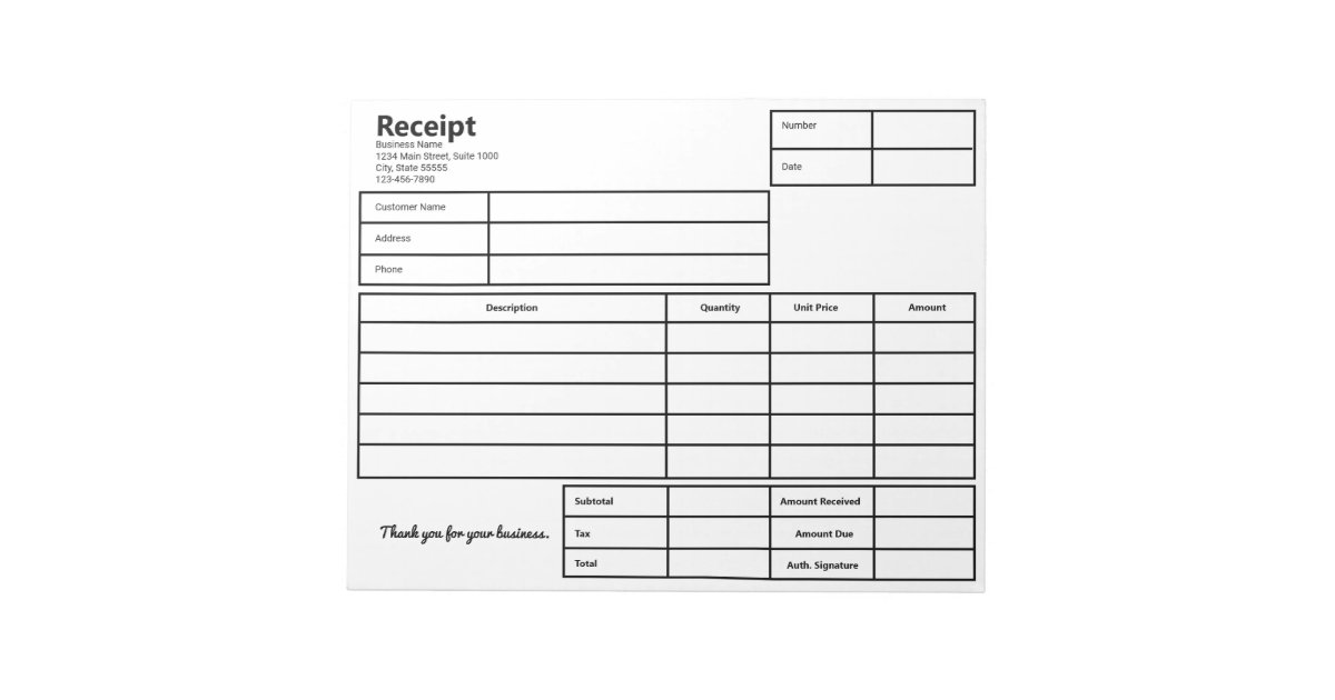 Receipt Black and White Simple Business Template Notepad | Zazzle