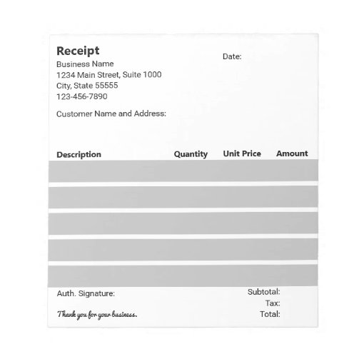 Receipt Black White Light Gray Business Template Notepad | Zazzle