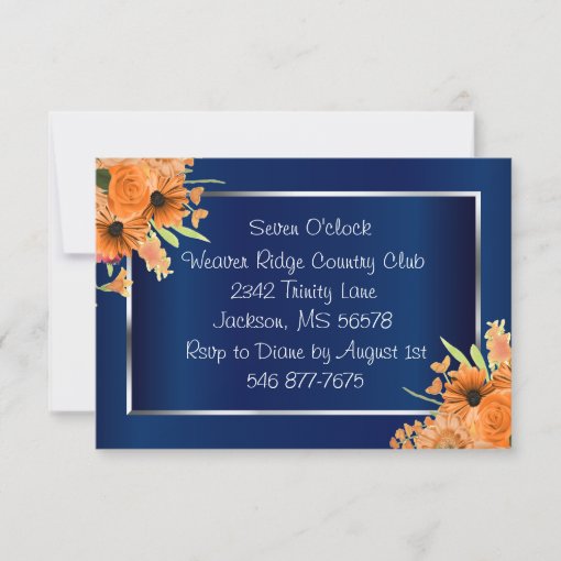 Reception - Pretty Orange Flowers on Navy Blue Invitation | Zazzle